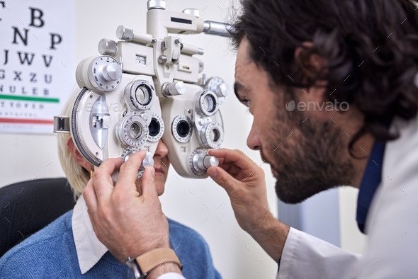 Eye exam, test and patient with doctor for vision at optometry ...