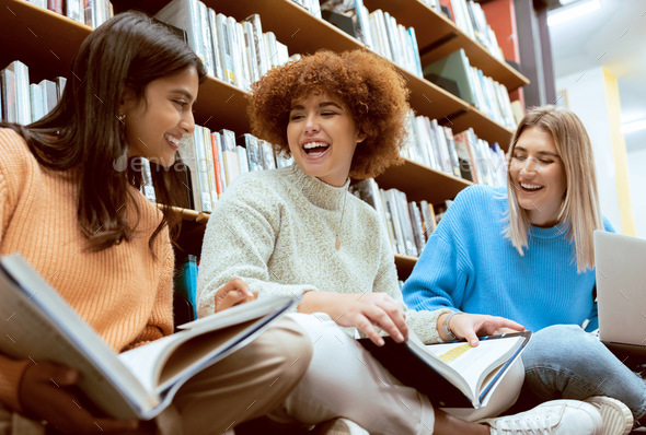 Friends, students in library with books for education, university group ...