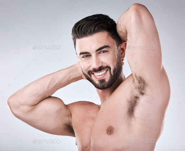 Arm muscle, man and face with body in portrait, health and fitness with ...