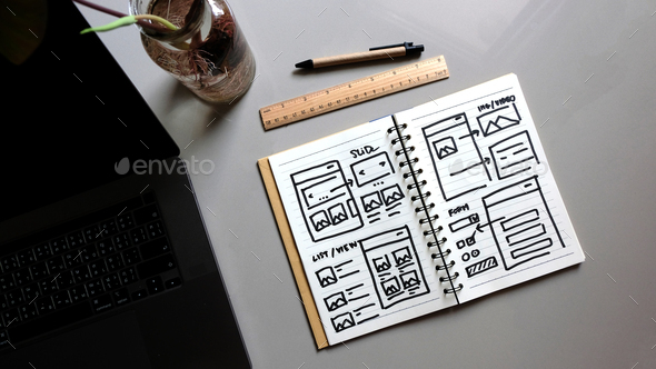 Draft sketch drawing template layout framework wireframe. Stock Photo ...