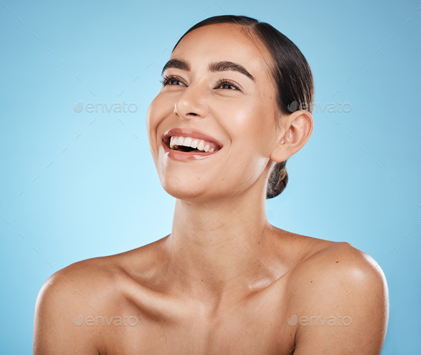 Face, thinking and beauty skincare of woman in studio isolated on a ...