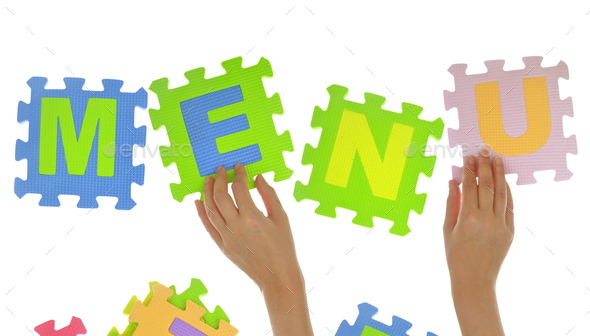 Hands forming word "Menu" with jigsaw puzzle pieces isolated Stock ...
