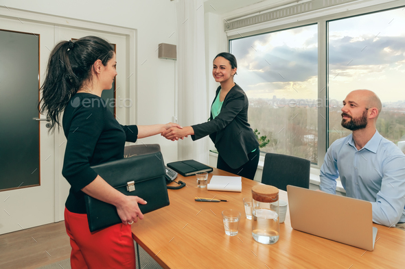 handshaking at work interview - female colleagues greet each other in ...