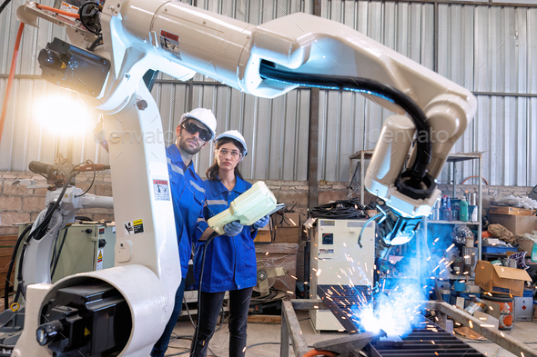 In robotic maintenance shop an engineer hold controller operate robot ...