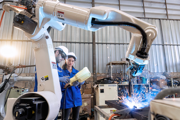 In robotic maintenance shop an engineer hold controller operate robot ...