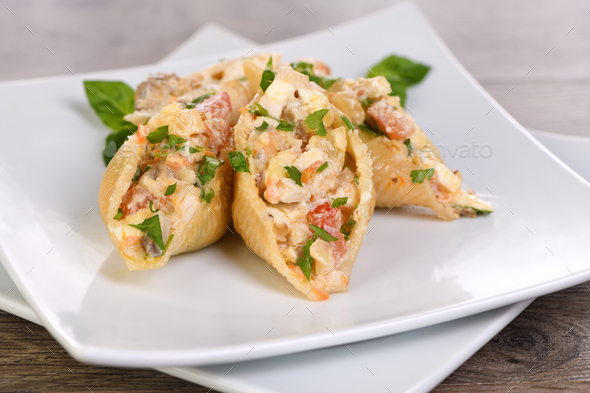 Pasta conchiglie with chicken and vegetables Stock Photo by Apolonia