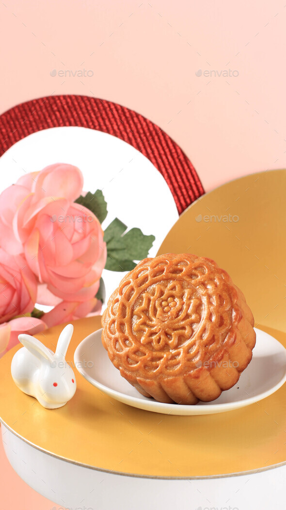 Mooncake on Light Pink Background with Pink Flower. Concept Moon Cake ...