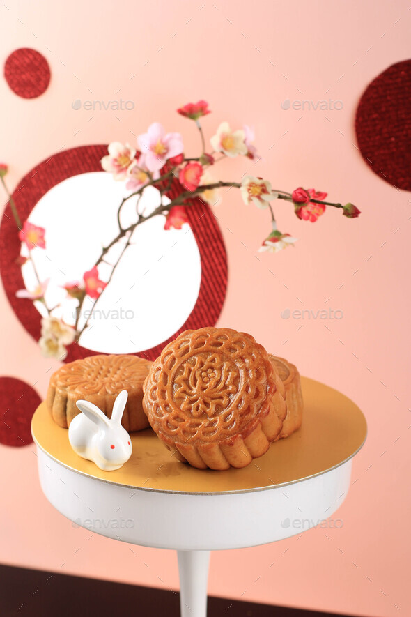 Mooncake on Light Pink Background with Pink Flower. Concept Moon Cake ...