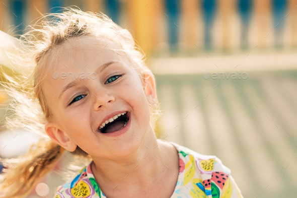 sunny summer day excited happy smiling face portrait child children ...