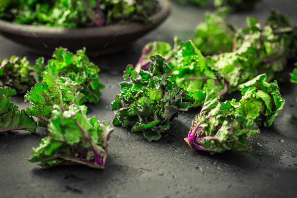Kalette, kale sprouts, flower sprouts on black background. Heathy ...