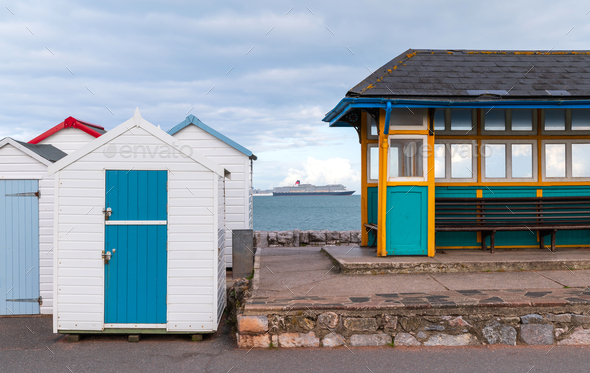 Colorful small beach houses. Multicolored beach sheds. Variety of ...