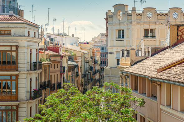 View at Valencia downtown with rooftops of residential dwellings ...
