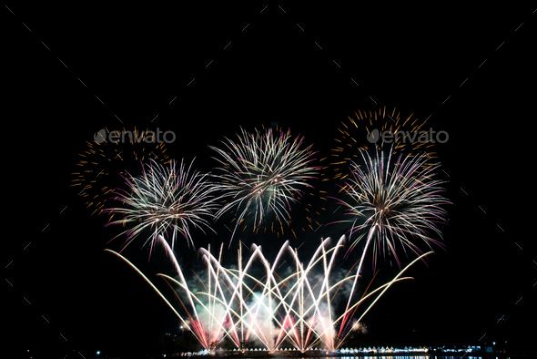 Abstract colored firework new year festival night sky background. Stock ...