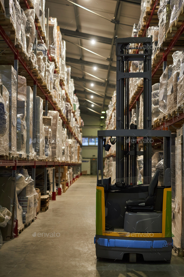 Vertical background image of warehouse interior with forklift Stock ...
