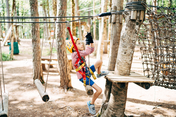 Boy in a safety belt climbs onto a tree platform across the agility ...