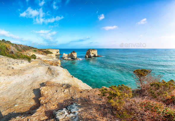 Picturesque seascape with white rocky cliffs, sea bay, islets and ...