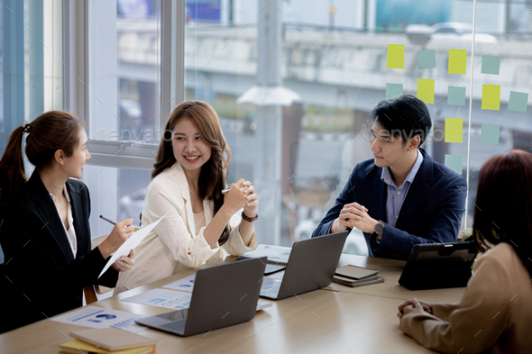Meeting room atmosphere and business groups are meeting, discussing and ...