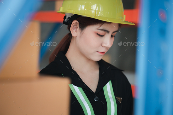 Asian female worker wearing safety clothing is in a warehouse, she is ...