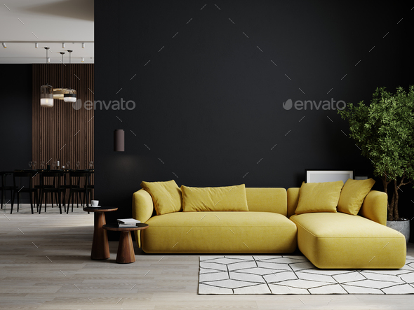 Dark room interior, living room interior mockup, empty black wall and ...