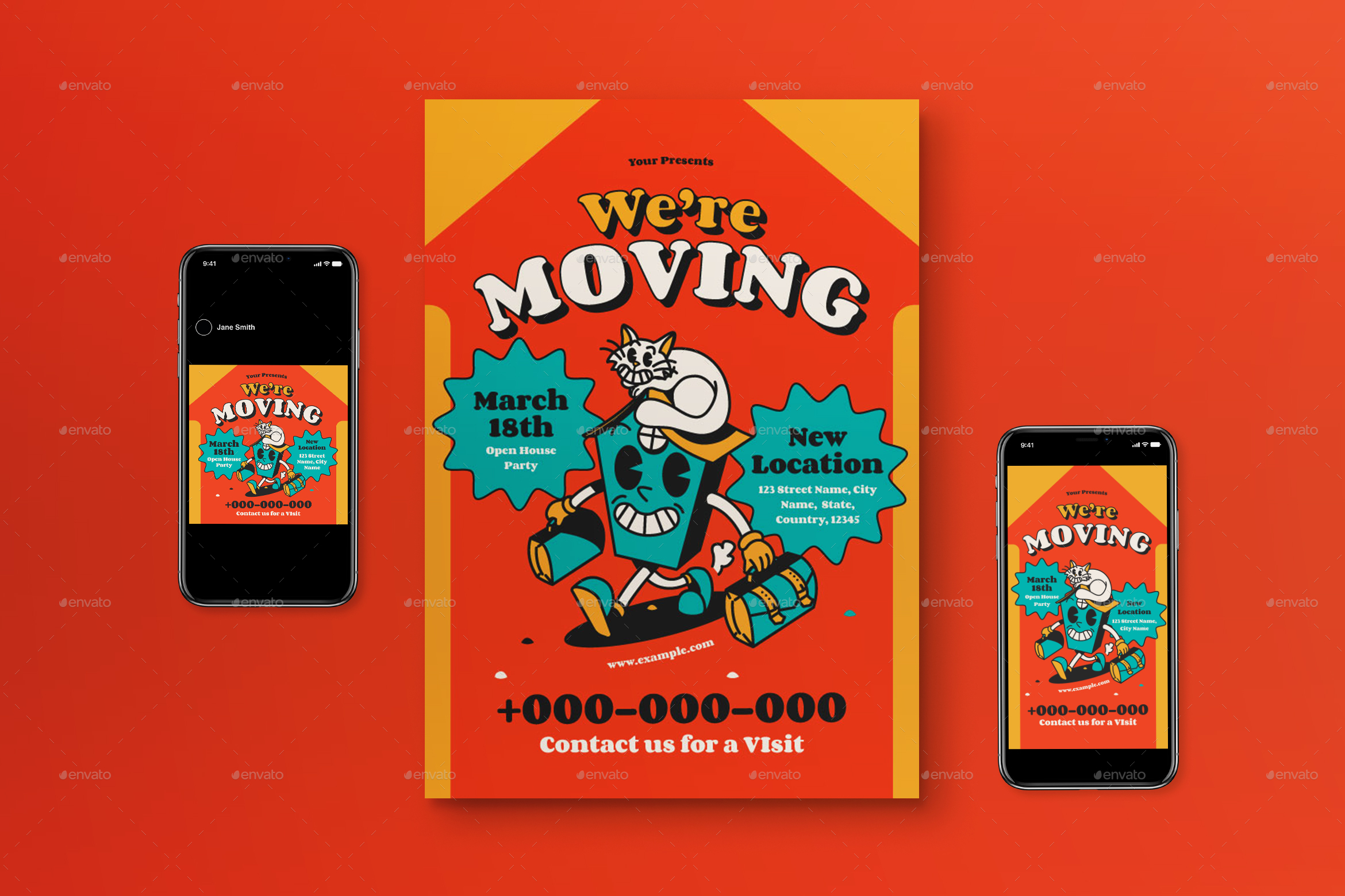 Red Orange Retro Cartoon We're Moving Flyer Set, Print Templates ...