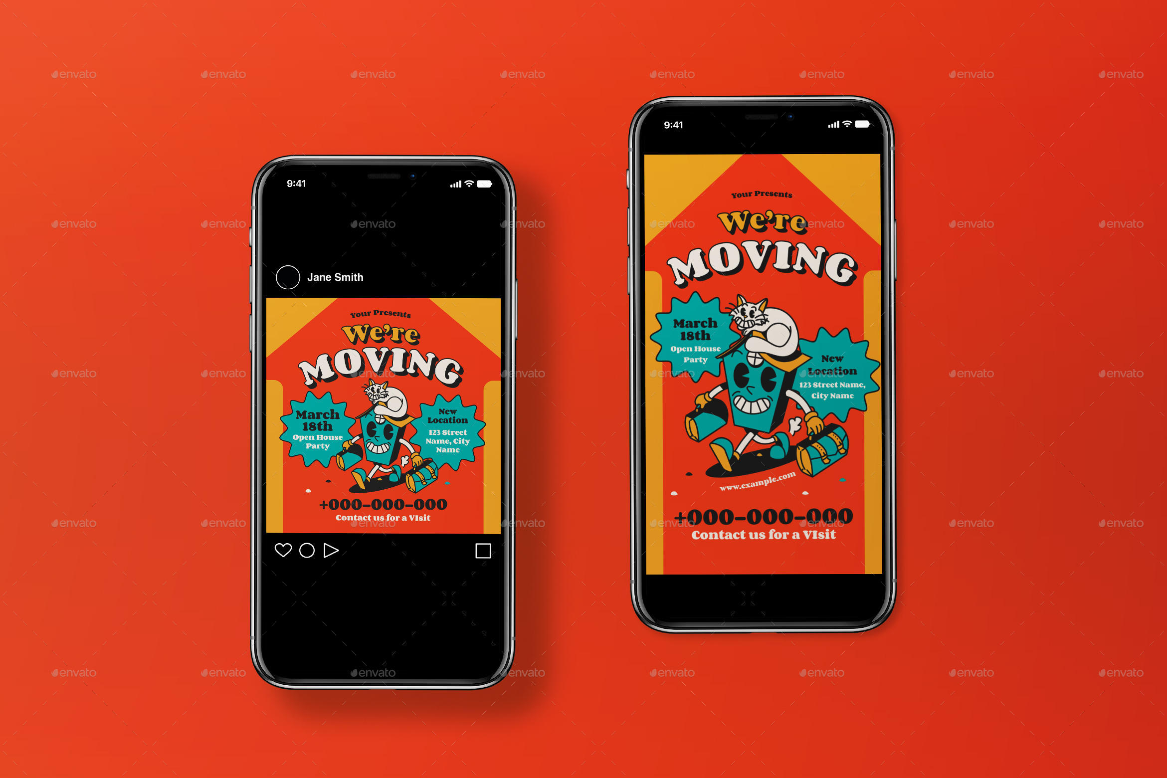 Red Orange Retro Cartoon We're Moving Flyer Set, Print Templates ...