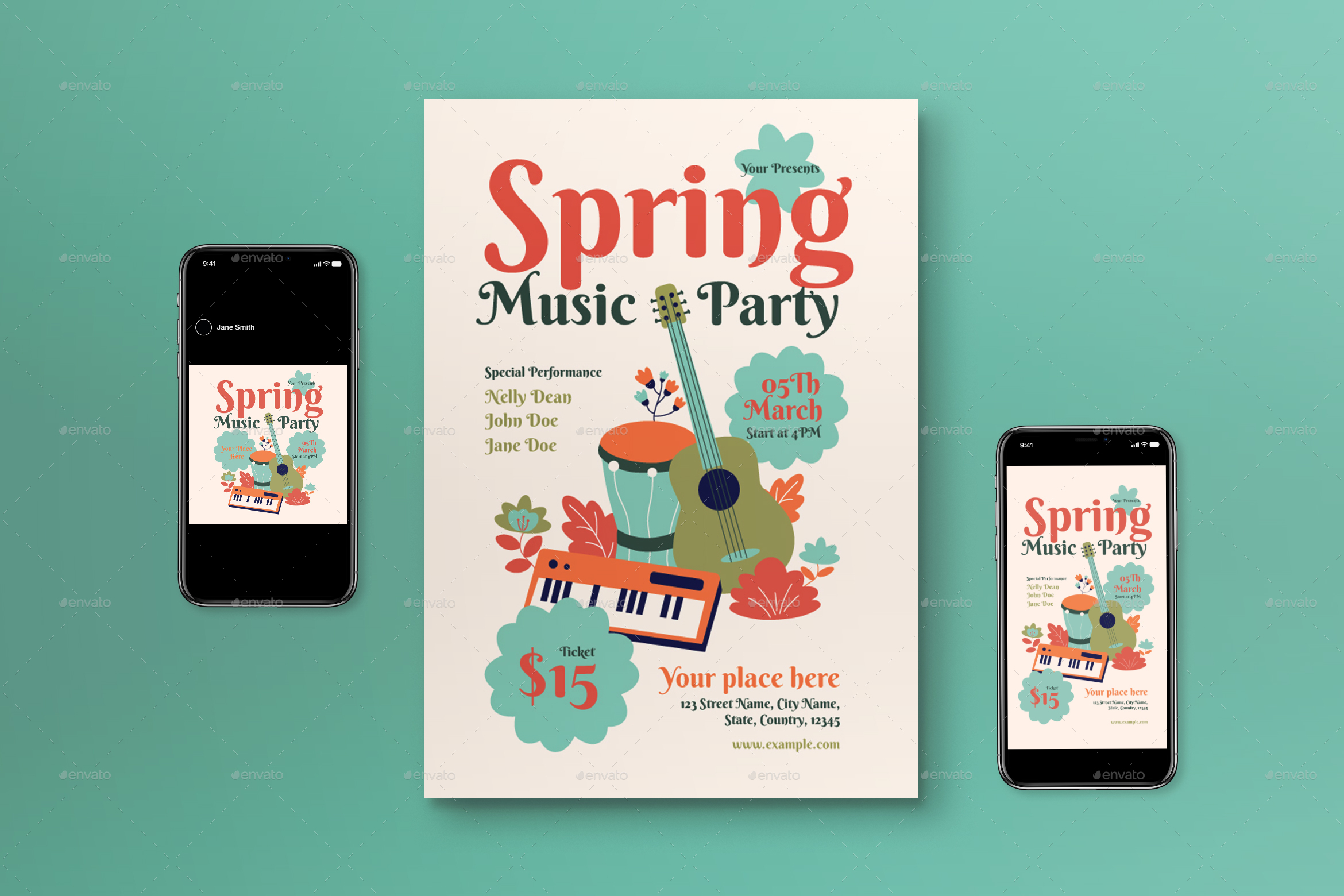Beige Flat Design Spring Music Party Flyer Set, Print Templates ...