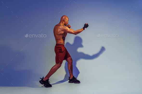 Professional kickboxer is training and practicing punch on studio ...