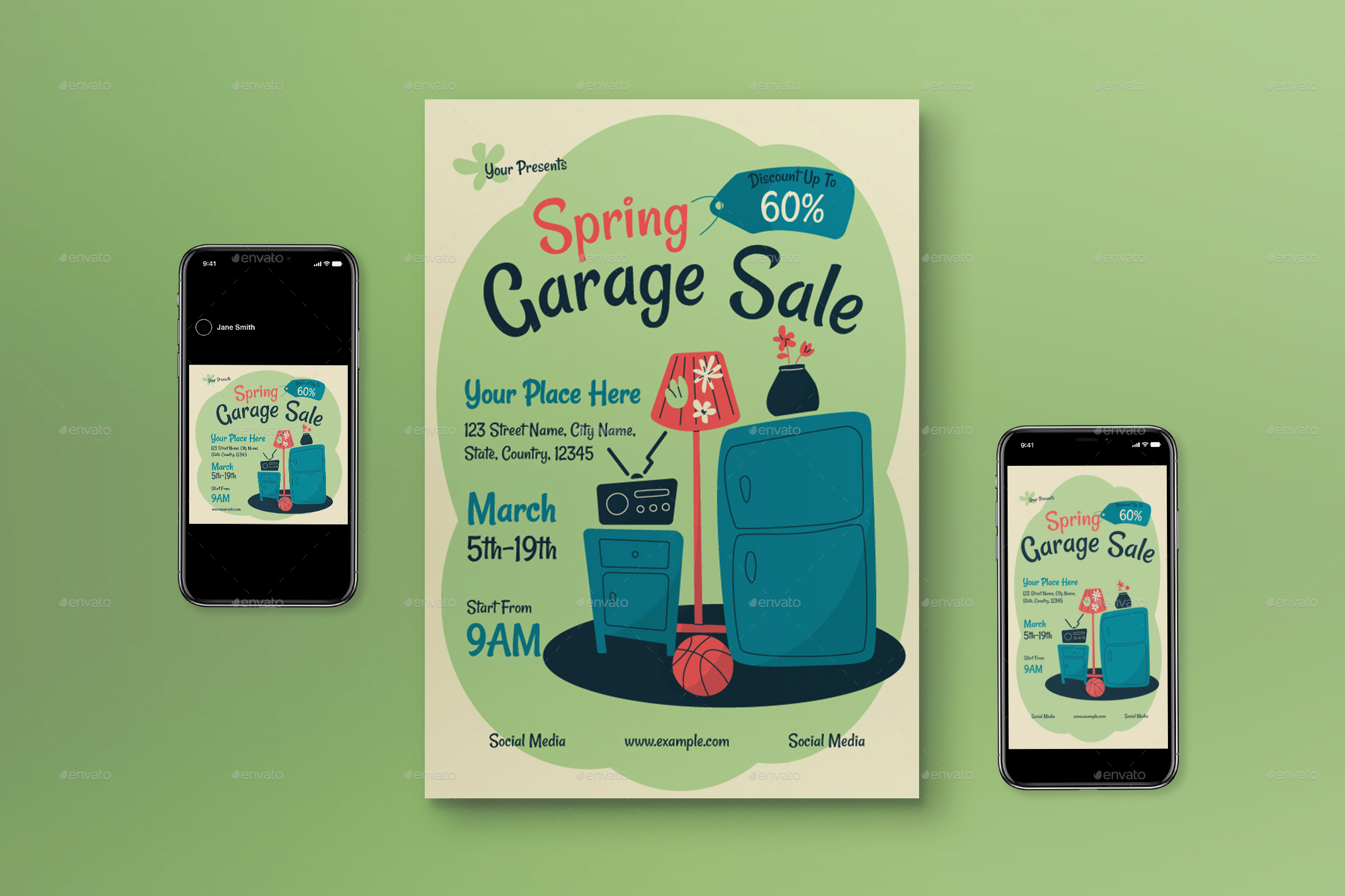 Green Mid Century Spring Garage Sale Flyer Set, Print Templates ...