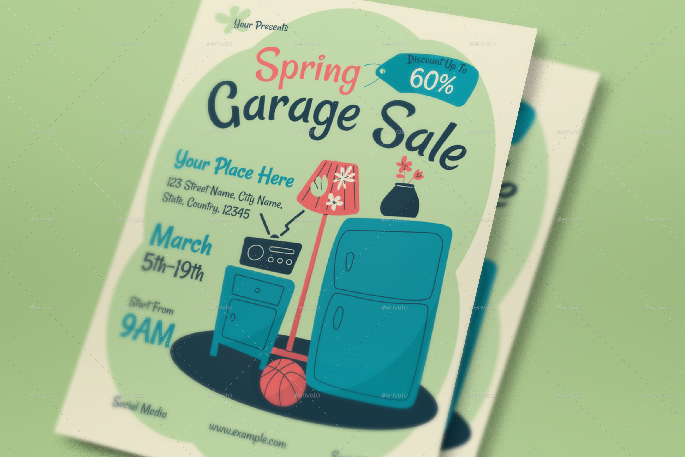 Green Mid Century Spring Garage Sale Flyer Set, Print Templates ...
