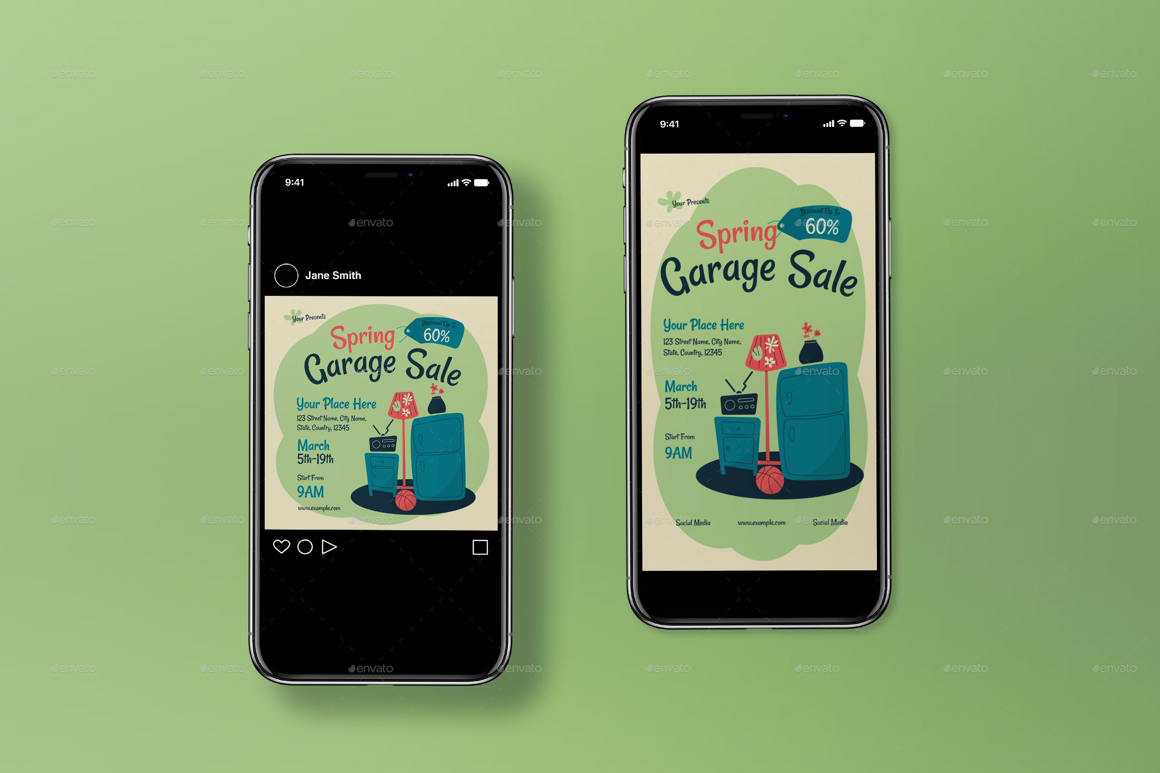 Green Mid Century Spring Garage Sale Flyer Set, Print Templates ...