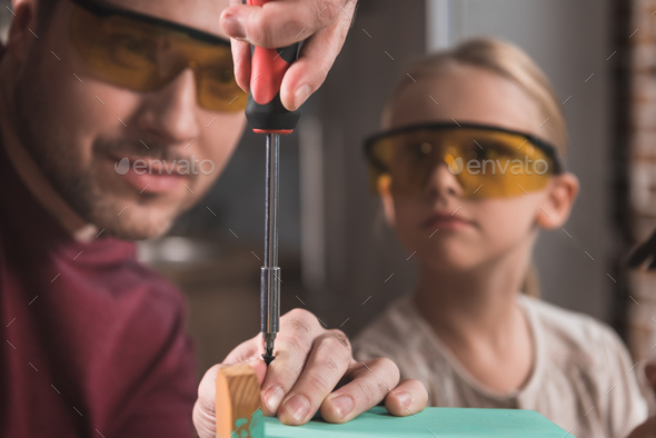 Father showing how to use screwdriver to his daughter Stock Photo by ...