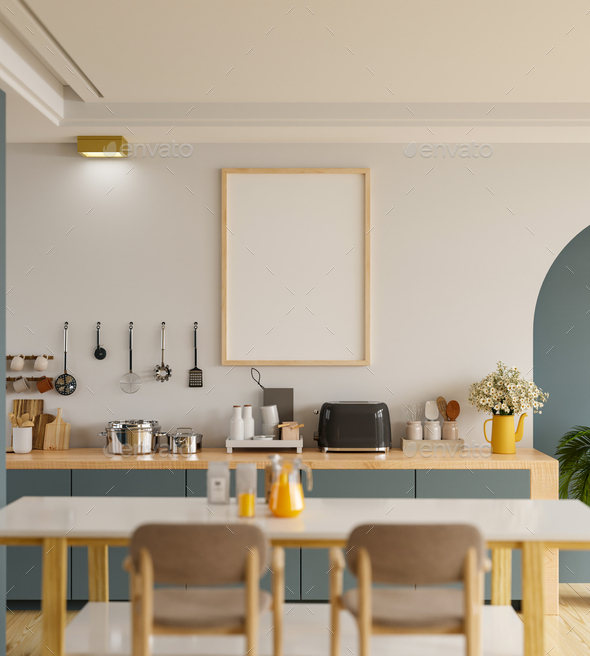 Mock up poster frame in kitchen interior with white wall background ...