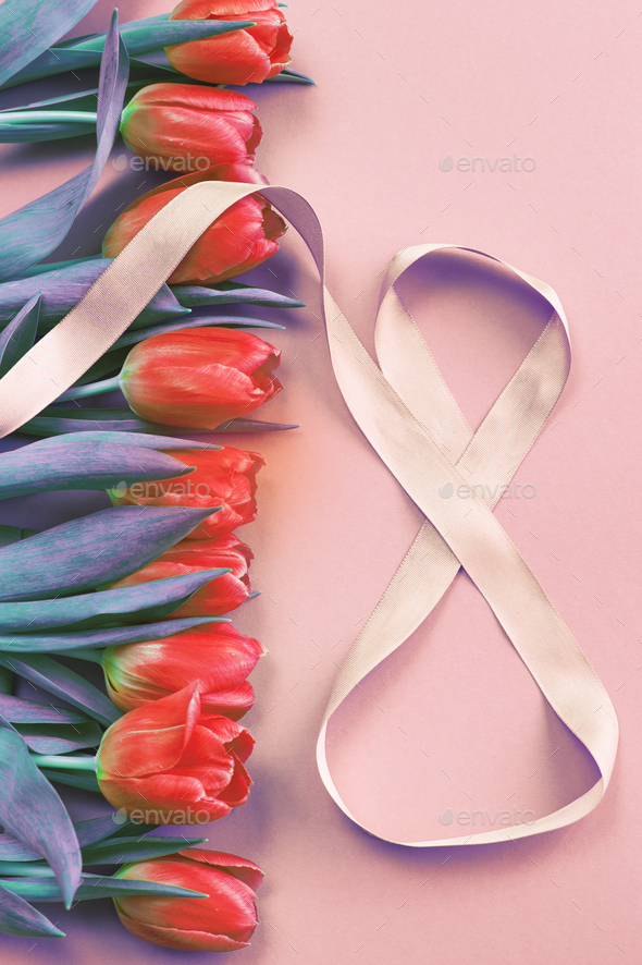 8 March card design with pink tulips and ribbon in the shape of number ...