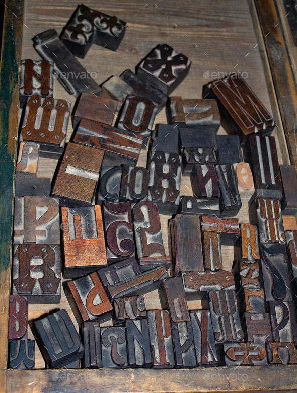 Set of old wooden letters for typography. Vintage background. Letter ...