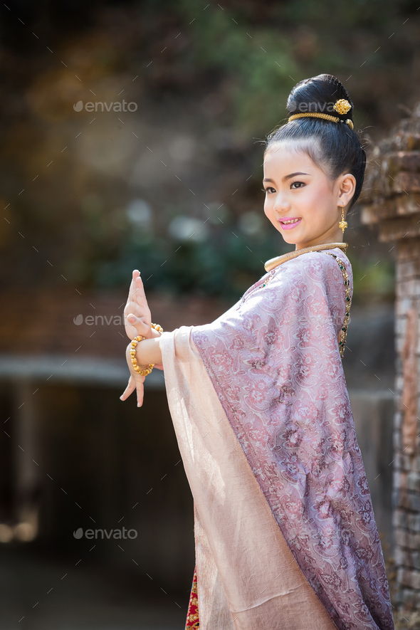 Closeup shot of cute Thai girl wearing thai traditional clothing. Stock ...