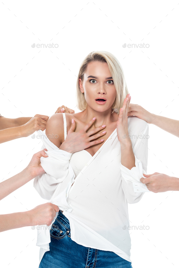 Many Hands Undressing Stylish Shocked Girl Isolated On White Stock