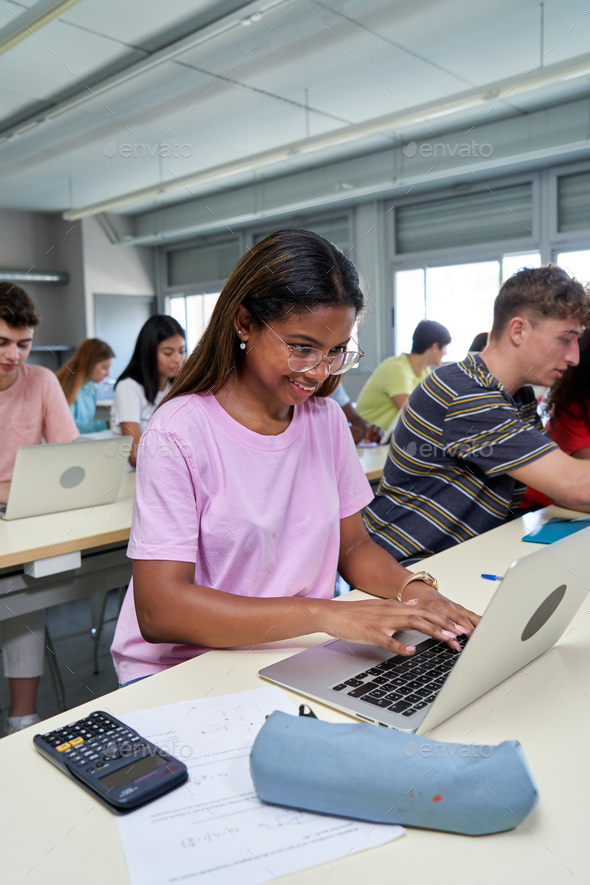 Erasmus colleagues in class using computer to work, concentrated ...