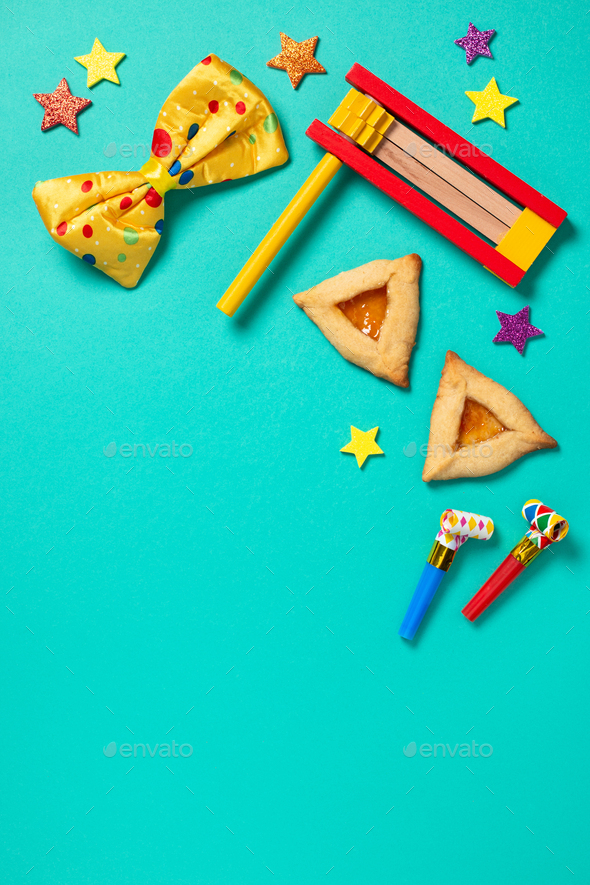 Purim carnival frame with traditional cookies, costume accessories and ...