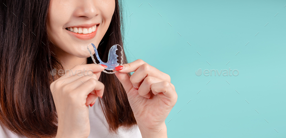 Dental of asian woman with tooth sample and white teeth increase ...