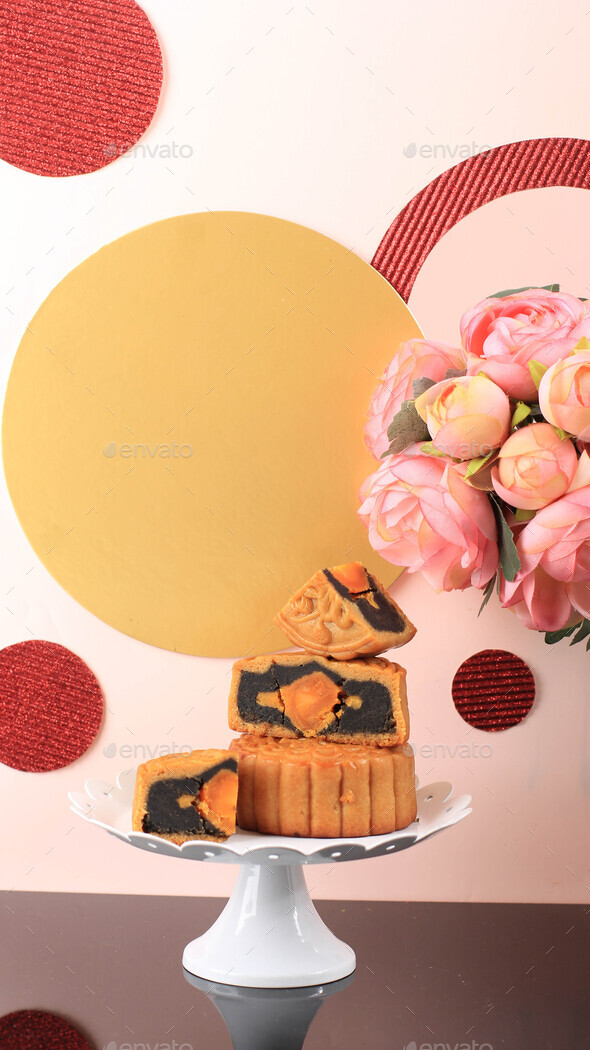 Mooncake on Light Pink Background with Pink Flower. Concept Moon Cake ...