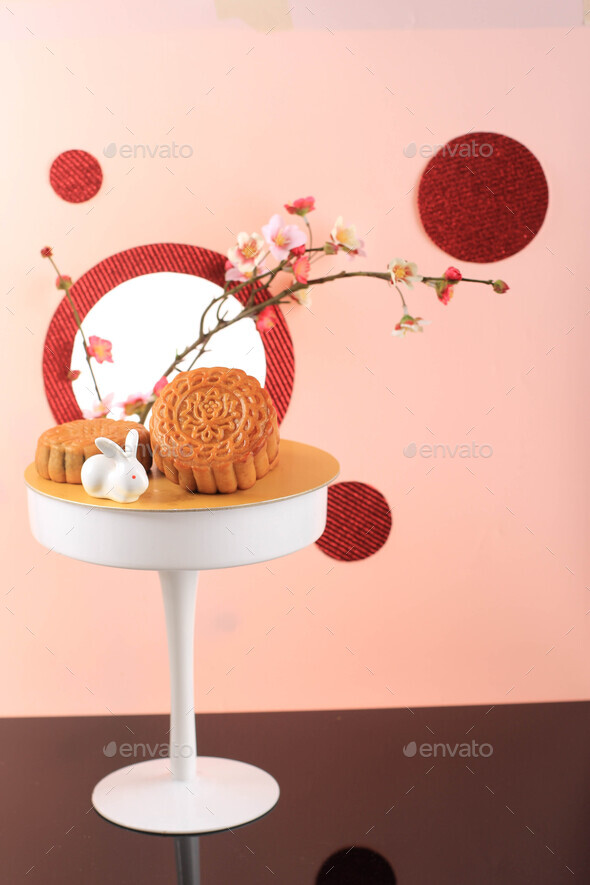 Mooncake on Light Pink Background with Pink Flower. Concept Moon Cake ...