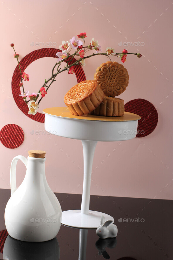 Mooncake on Light Pink Background with Pink Flower. Concept Moon Cake ...