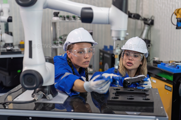 Female senior robotic engineer in modern factory teach new comer ...