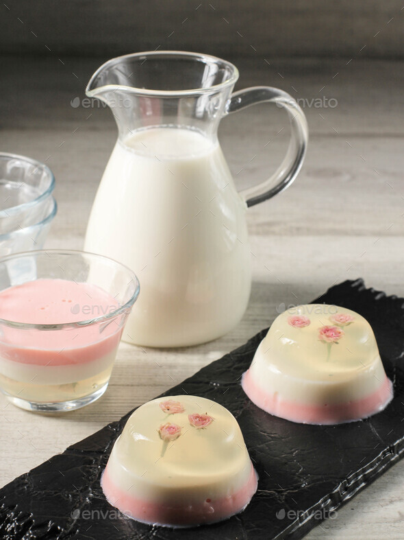 Homemade Clear Mini Rose Pink Layered Pudding in a Cup, One Various of ...