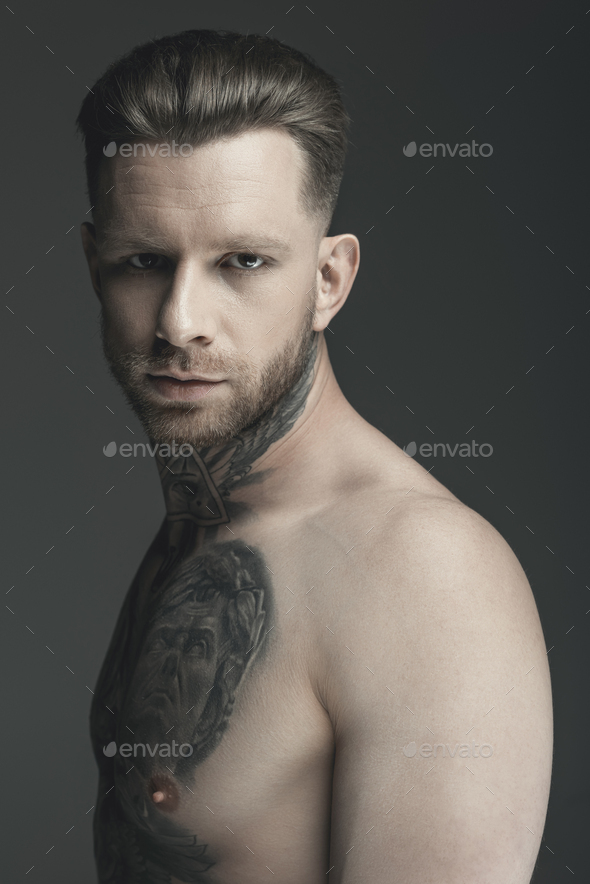 handsome shirtless tattooed man, isolated on grey Stock Photo by ...