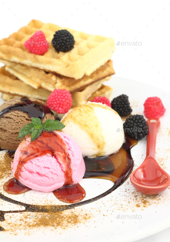 Waffles with vanilla, strawberry and chocolate ice cream Stock Photo by ...