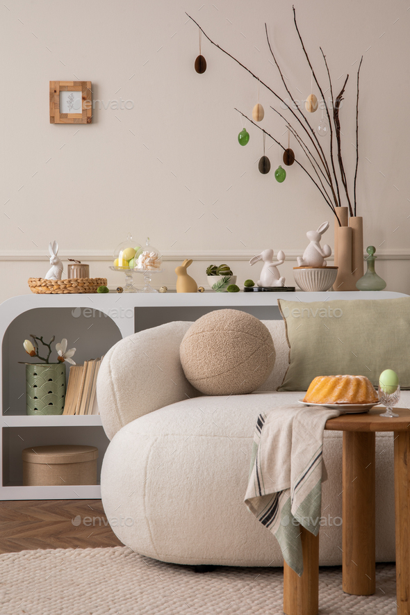Spring composition of easter living room interior with mock up poster ...