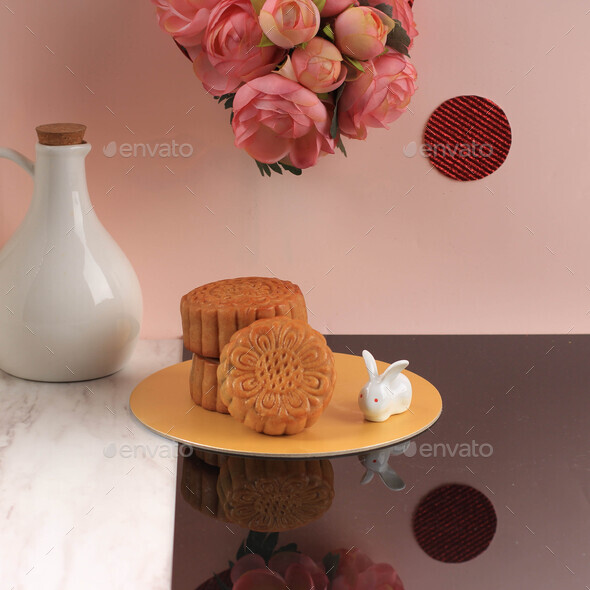 Mooncake on Light Pink Background with Pink Flower. Concept Moon Cake ...