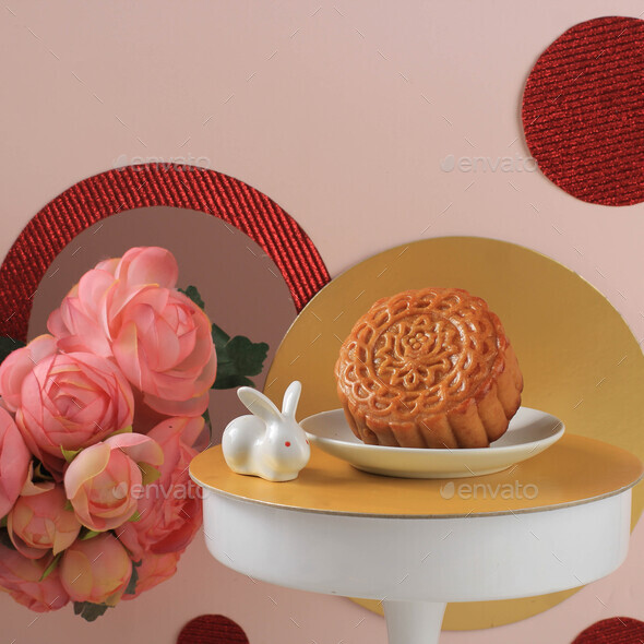 Mooncake on Light Pink Background with Pink Flower. Concept Moon Cake ...