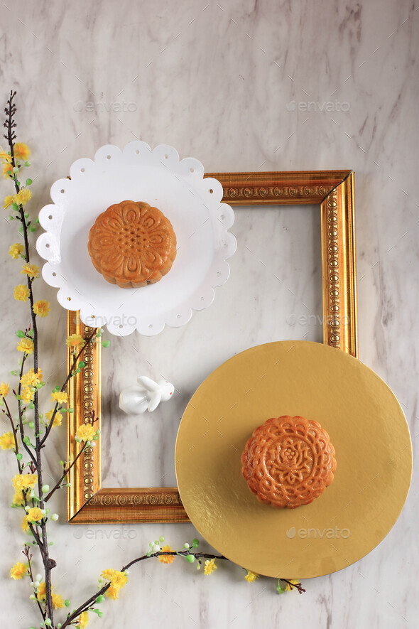 Mooncake on Light Pink Background with Pink Flower. Concept Moon Cake ...